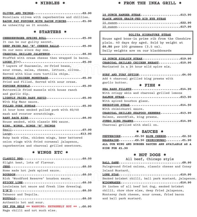 Menu at Solita Northern Quarter pub & bar, Manchester, Turner St