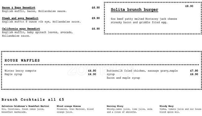Menu at Solita Northern Quarter pub & bar, Manchester, Turner St