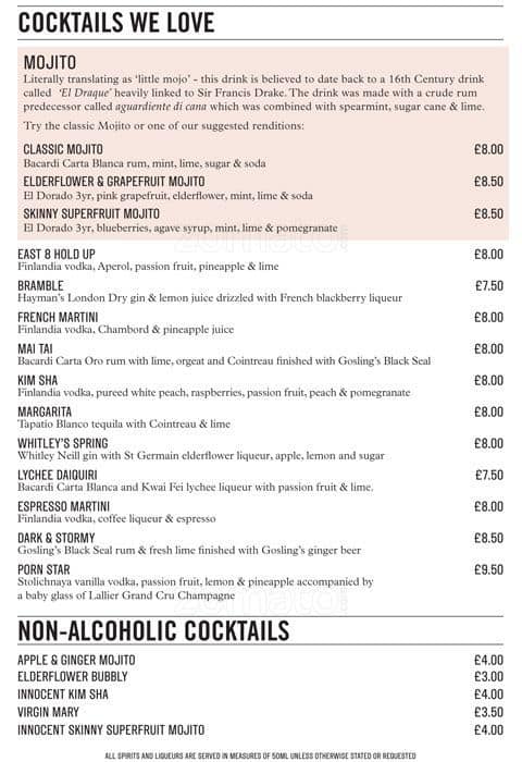 Menu at Bank restaurant, Birmingham