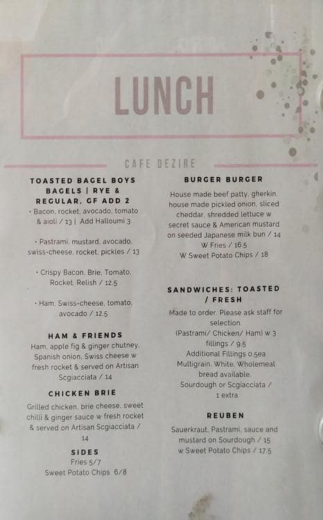 Menu at Cafe Dezire, Morningside, 38 Junction Rd