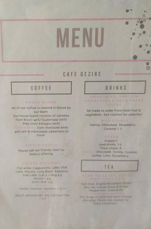 Menu at Cafe Dezire, Morningside, 38 Junction Rd