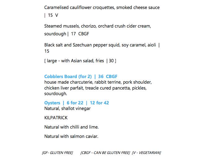 Menu at Cobblers Tavern pub & bar, Wannanup