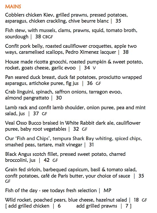 Menu at Cobblers Tavern pub & bar, Wannanup