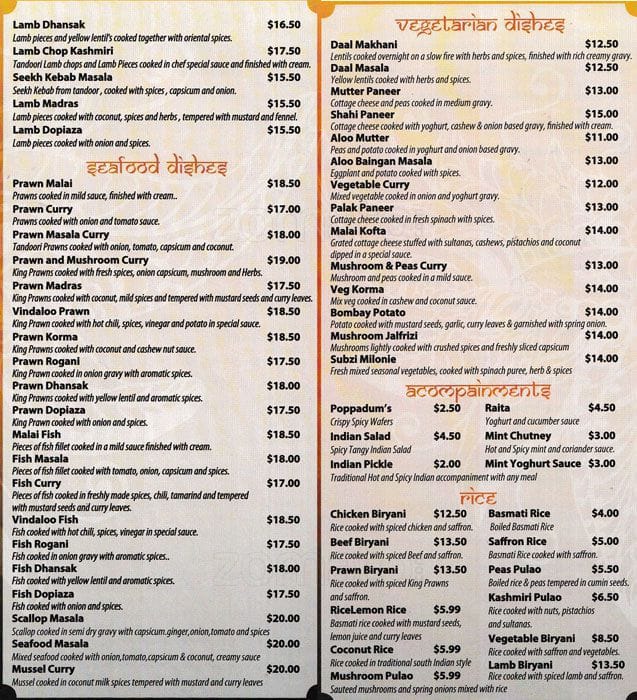 Menu at Tamarind Bay restaurant, Hastings