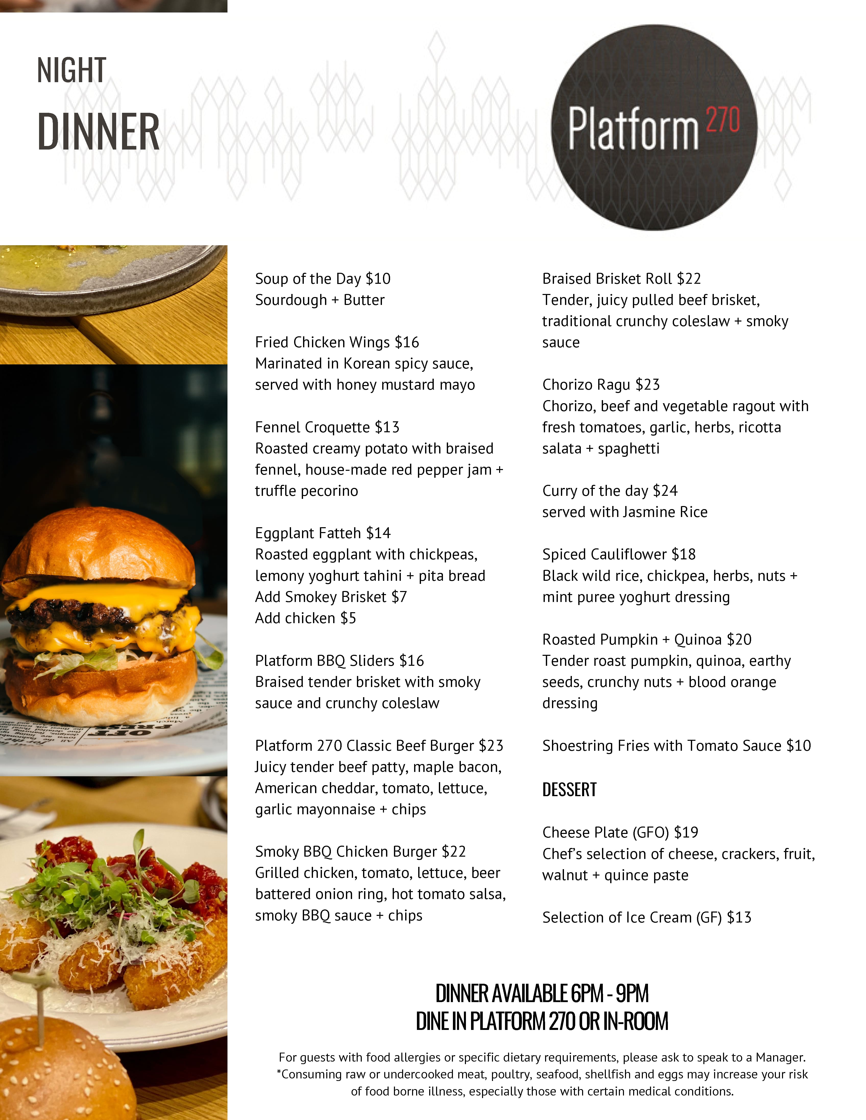 Menu at Platform 270 restaurant, Melbourne