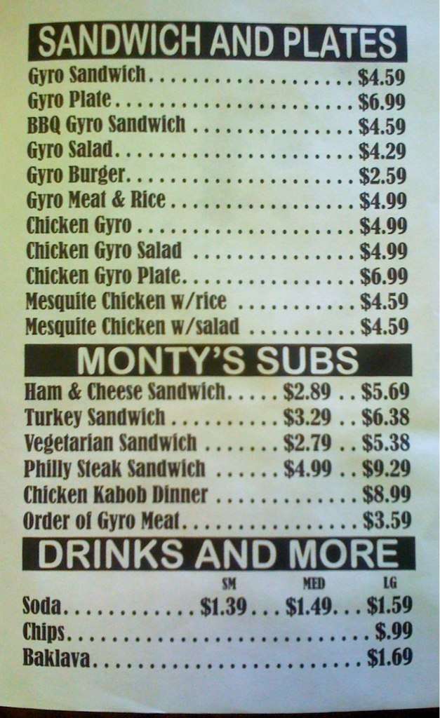 Menu at Monty's Gyro & Sub restaurant, Moore