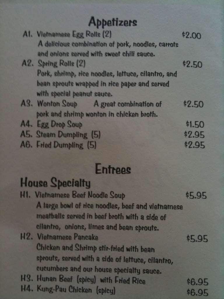 Menu at Asean Diner restaurant, Claremore