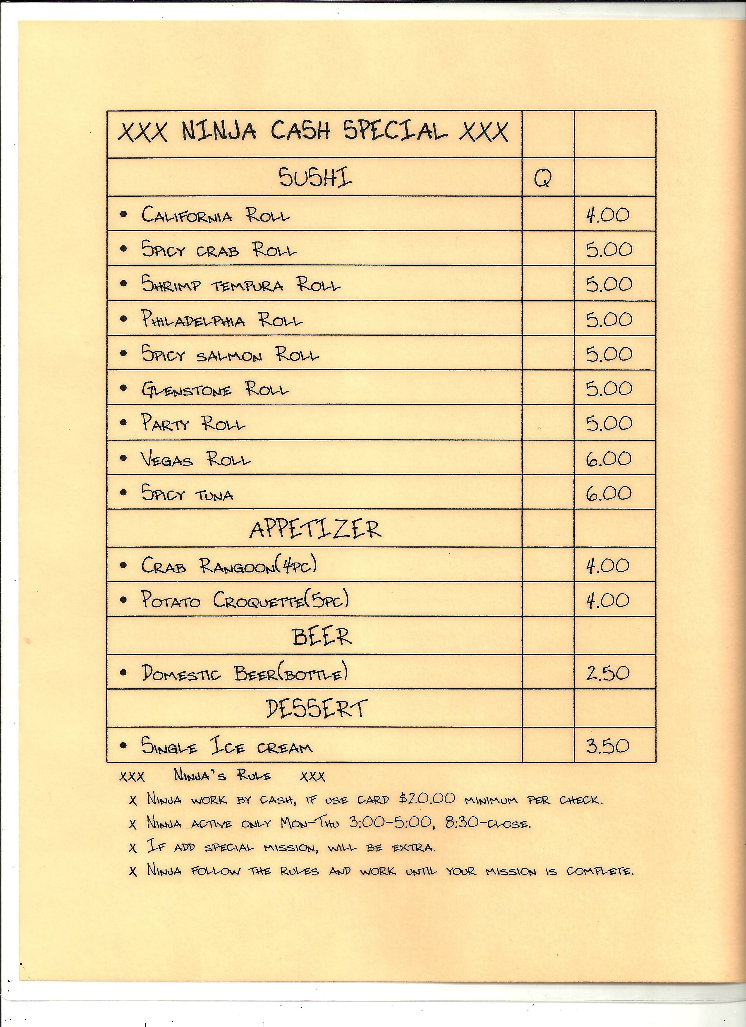 Menu at Wayo Japan restaurant, Springfield