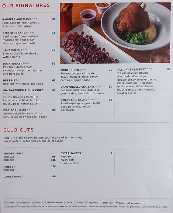 Menu at The Clubhouse, Dubai