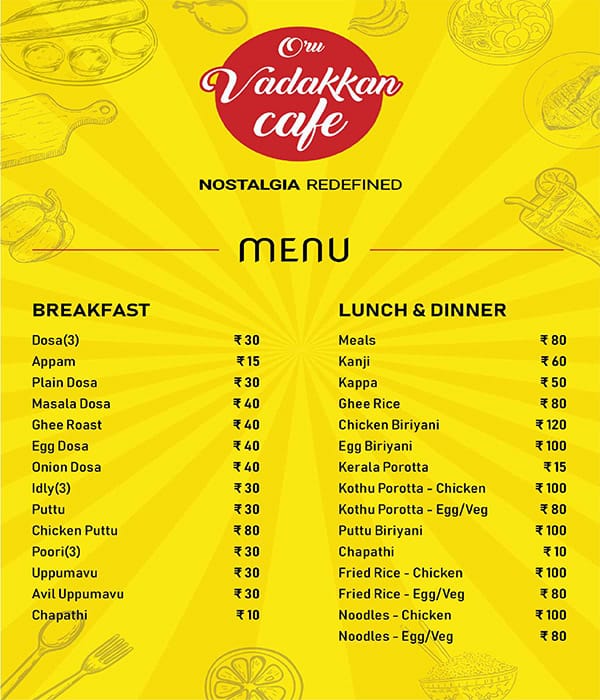 Menu of Oru Vadakkan Cafe, Koramangala 5th Block, Bangalore