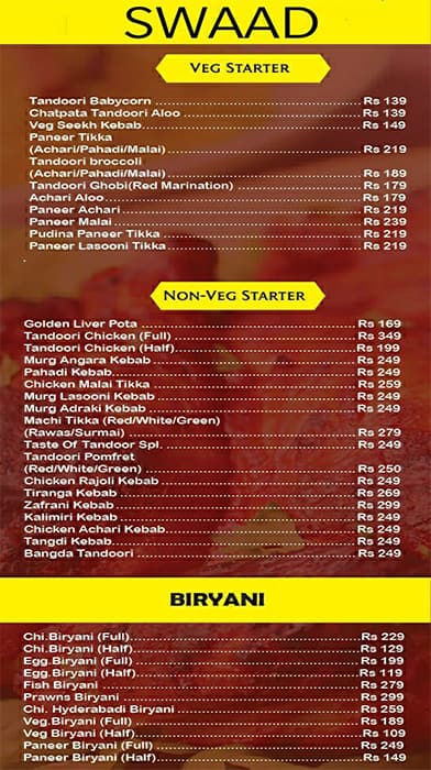 Menu of Swaad, Malad East, Mumbai