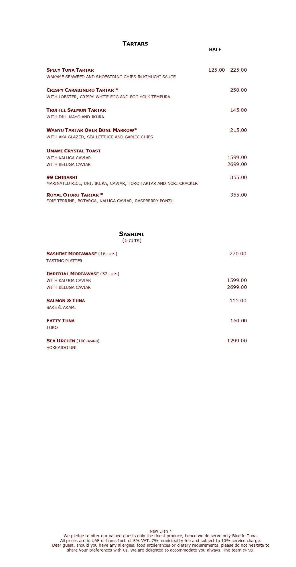 Menu of 99 Sushi Bar & Restaurant - The Address Downtown, Downtown ...