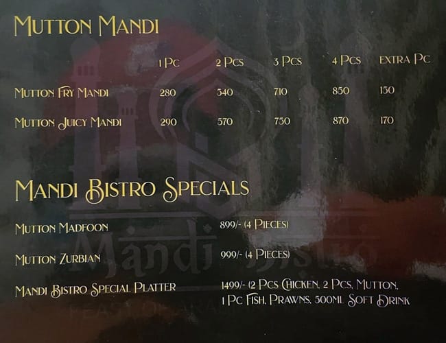 Menu of Mandi Bistro, Kompally, Hyderabad