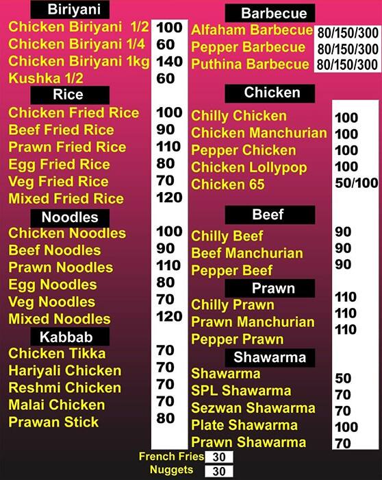 Menu of Bismillah Food Zone, Perambur, Chennai