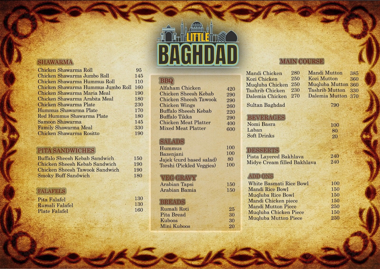 Menu at Little Baghdad - Arabian Restaurant, Bengaluru