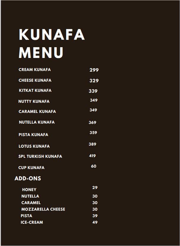 Menu of Kunafa Corner, BTM, Bangalore