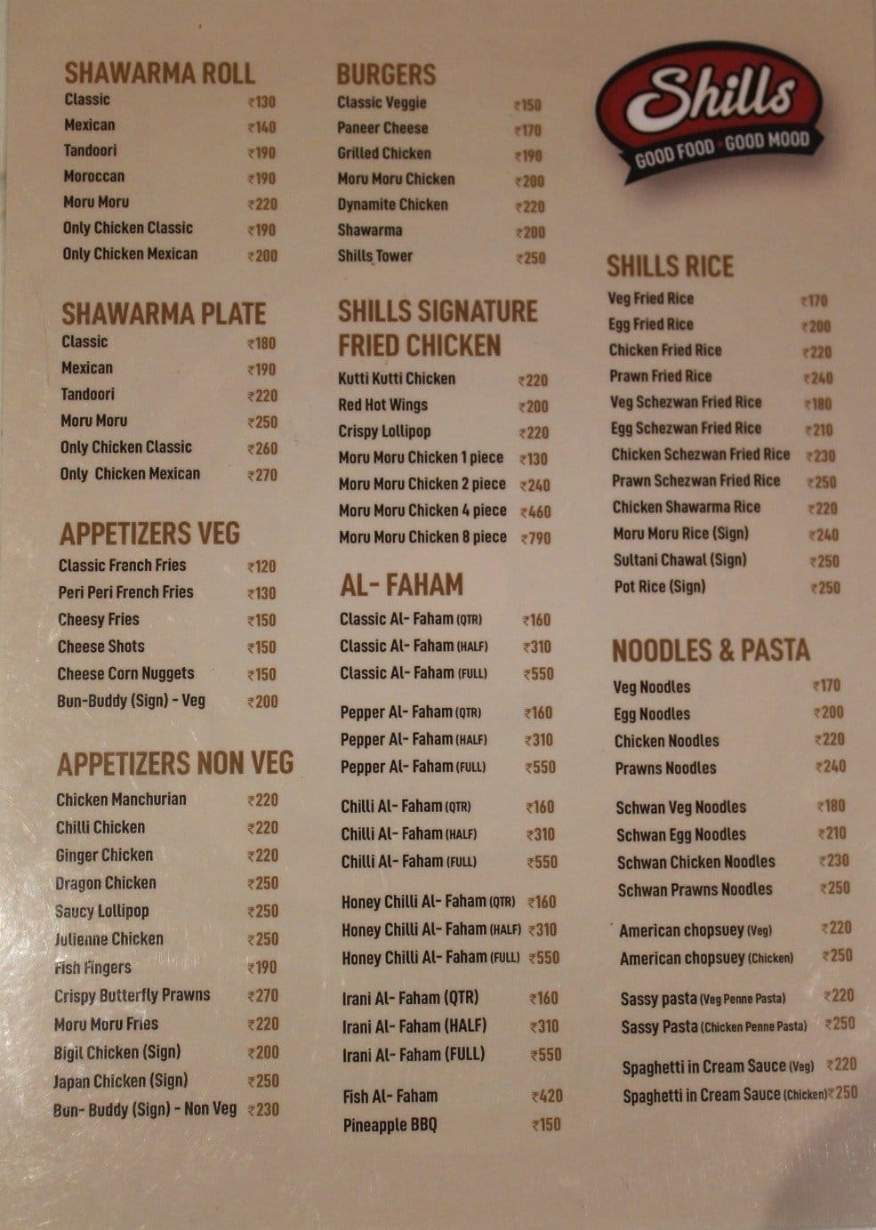 Menu of Shills, Frazer Town, Bangalore