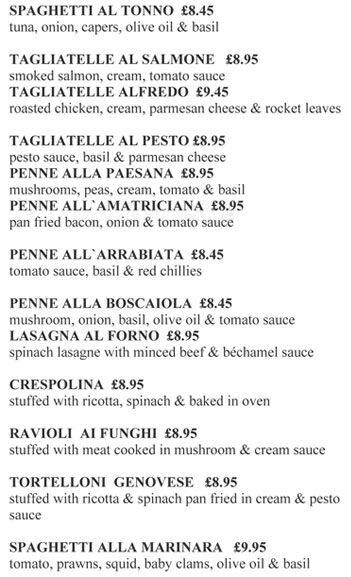 Menu at Giotto restaurant, London