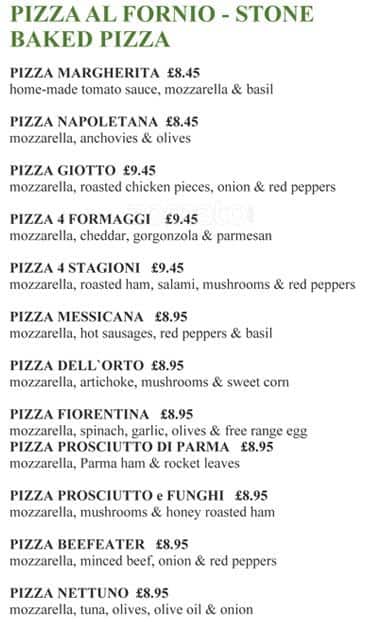 Menu at Giotto restaurant, London