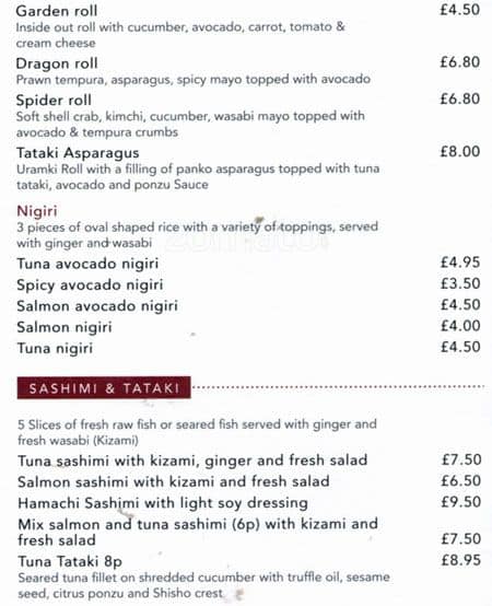 Menu at OKA Primrose Hill restaurant, London, 71 Regent's Park Rd