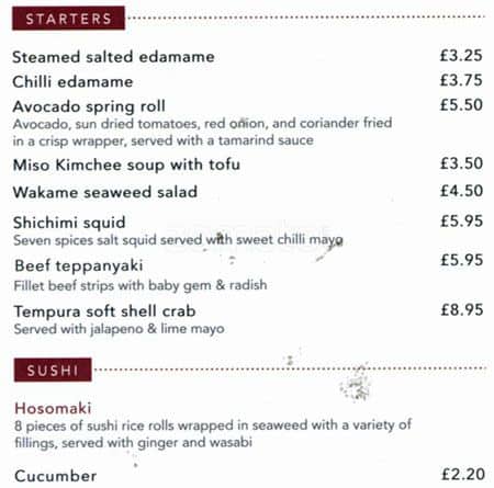 Menu at OKA Primrose Hill restaurant, London, 71 Regent's Park Rd