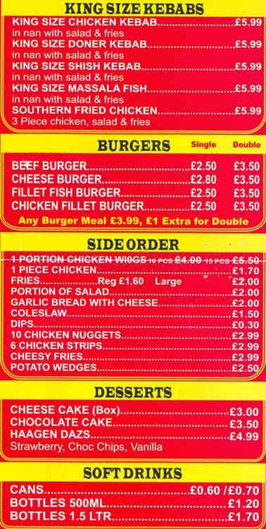 Menu at Pizza City pizzeria, Birmingham