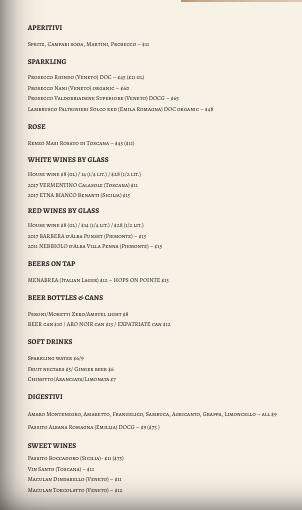 Menu at Cicio Cacio Osteria restaurant, Wellington