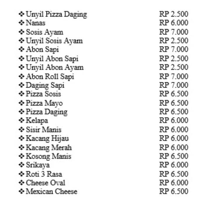 Menu at Mora Bakery, East Jakarta