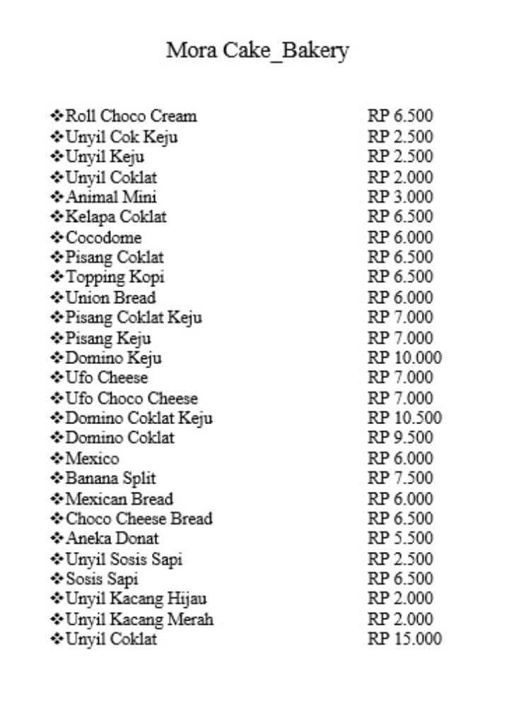 Menu at Mora Bakery, East Jakarta