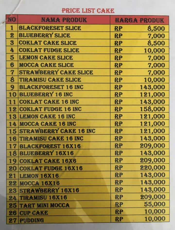 Menu at Mora Bakery, East Jakarta