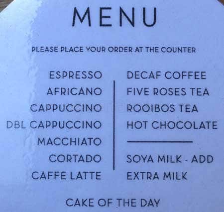 Menu at Catalyst Coffee Shop cafe, Durban