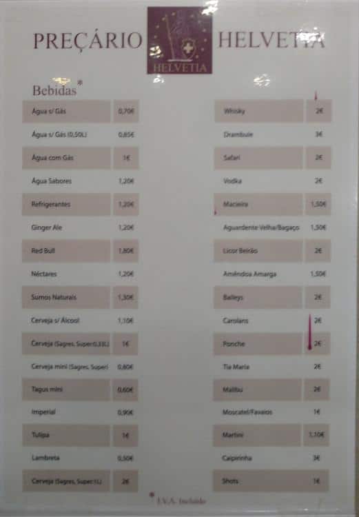 Menu at Helvetia pub & bar, Belas