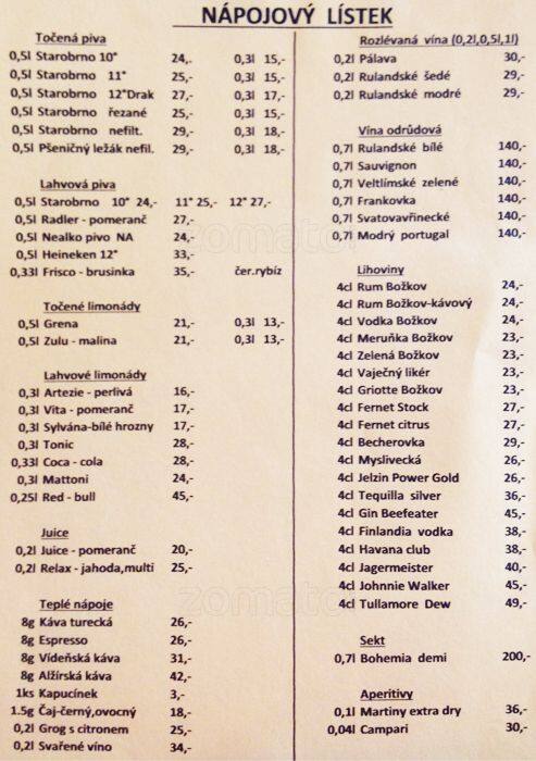 Menu at U Pagáta restaurant, Brno
