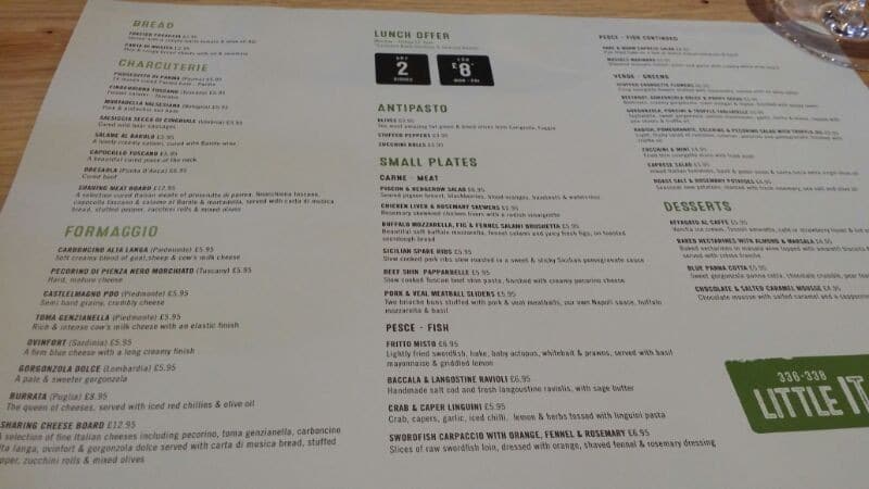 Menu at Little Italy restaurant, Liverpool, 336-338 Smithdown Rd