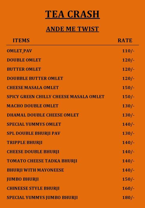 Menu of Tea Crash, Near Andheri West Station, Mumbai