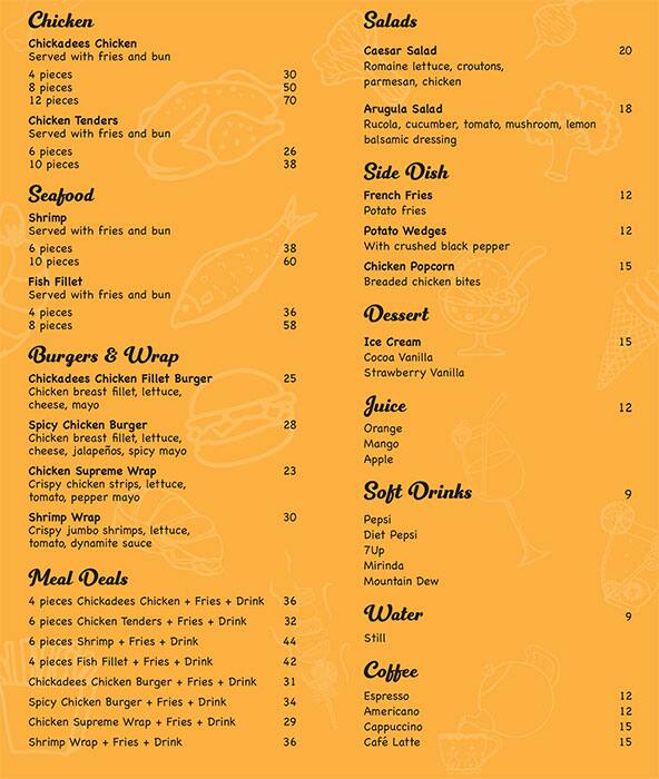 Menu of Chickadees, Jebel Ali Village, Dubai