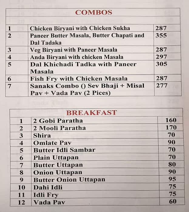 Menu of Hotel Sai Pooja, Kalamboli, Navi Mumbai