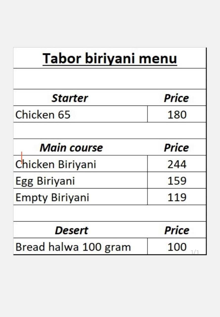 Menu of Tabor Biriyani, Chromepet, Chennai