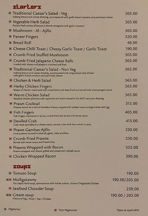 Menu of One Step Up, Park Street Area, Kolkata