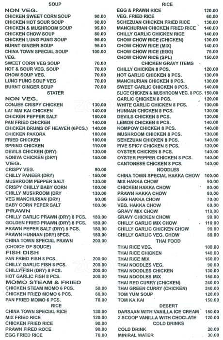 Menu at China Town, Kolkata, 14 Topsia Road