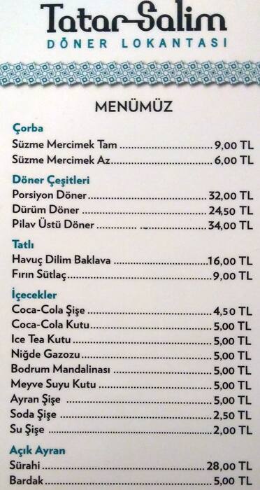 Menu at Tatar Salim, Istanbul, İmamata Sk. No:7 D:3
