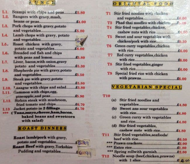 Menu at Tattlers Cafe, London