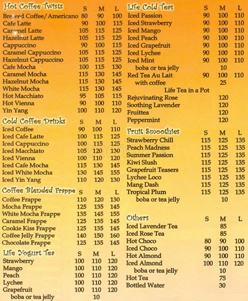 Menu at Life Coffee & Tea, Parañaque