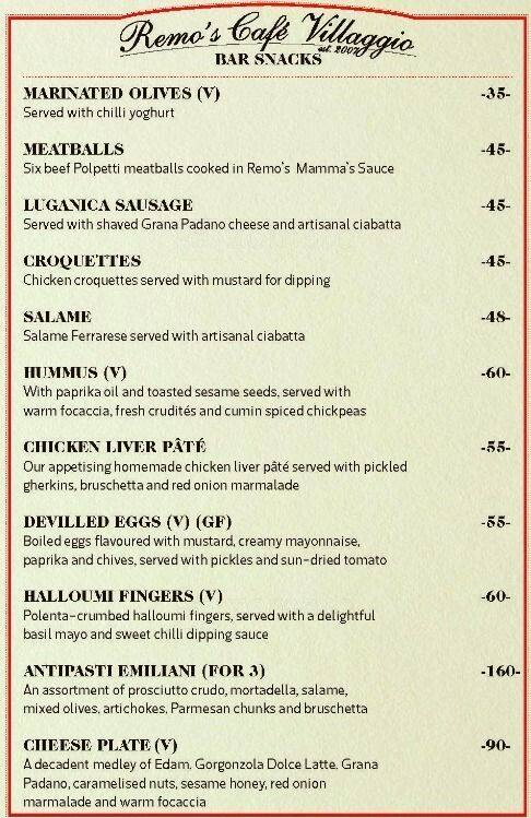 Menu au Remo's Fratelli restaurant, Umhlanga