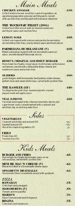 Menu au Remo's Fratelli restaurant, Umhlanga