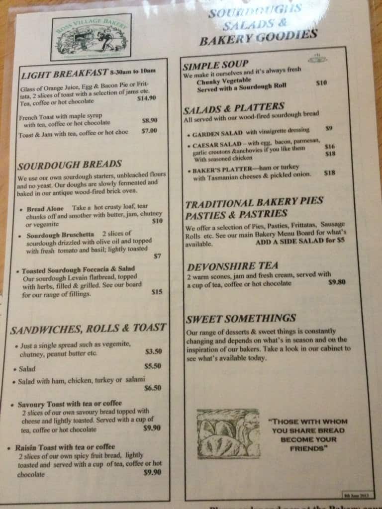Menu at Bakery 31, Ross