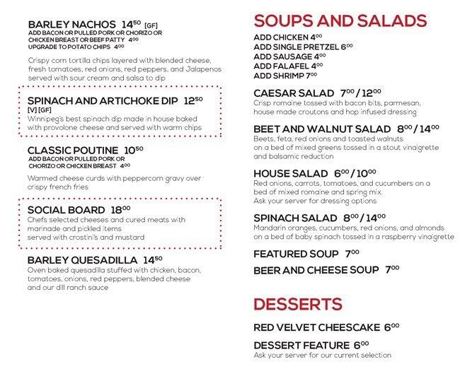 Menu at Barley Brothers, Winnipeg, Pembina Hwy
