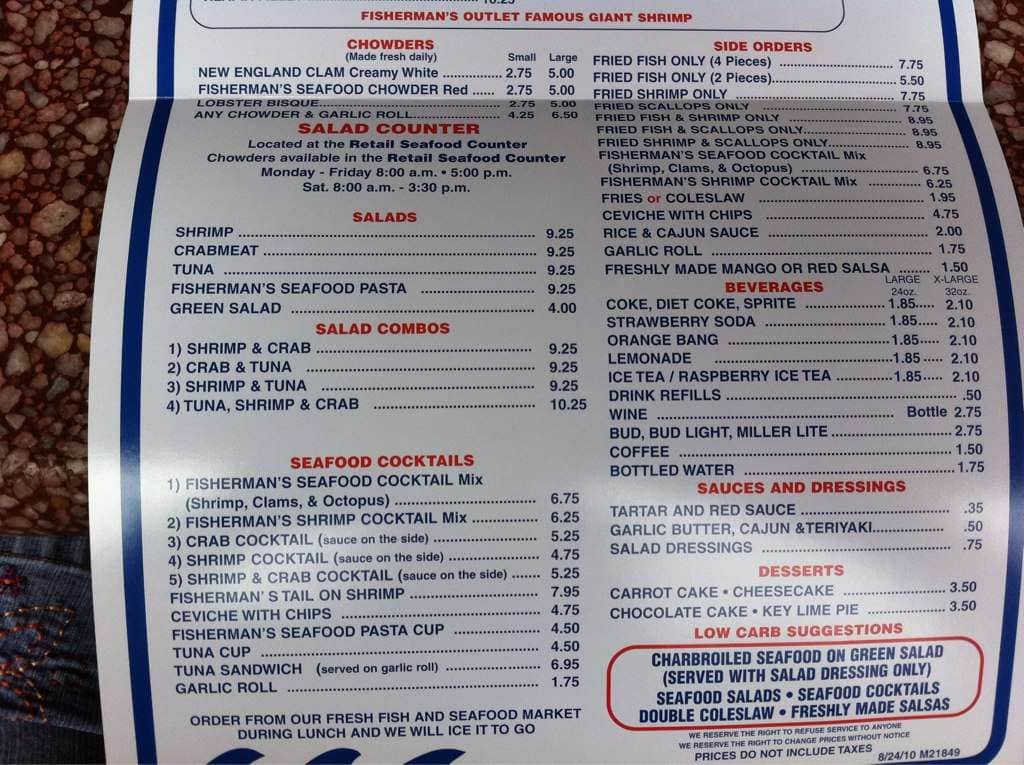 Menu at Fisherman's Outlet restaurant, Los Angeles