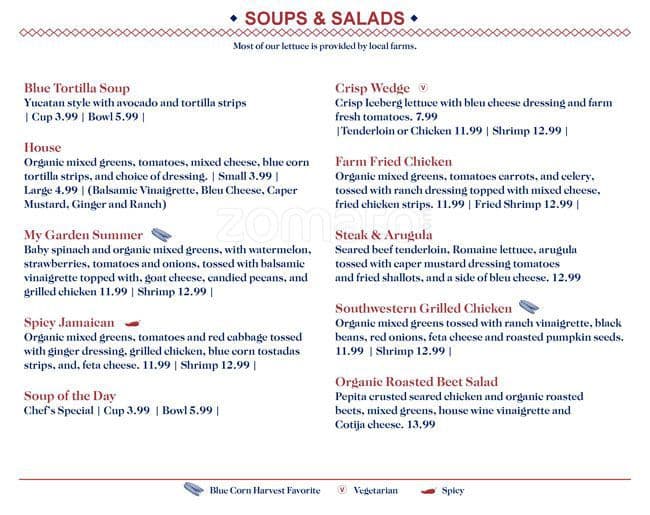 Menu at Blue Corn Harvest Bar & Grill, Cedar Park