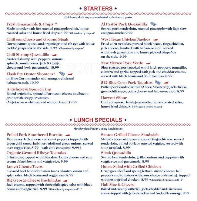 Menu at Blue Corn Harvest Bar & Grill, Cedar Park